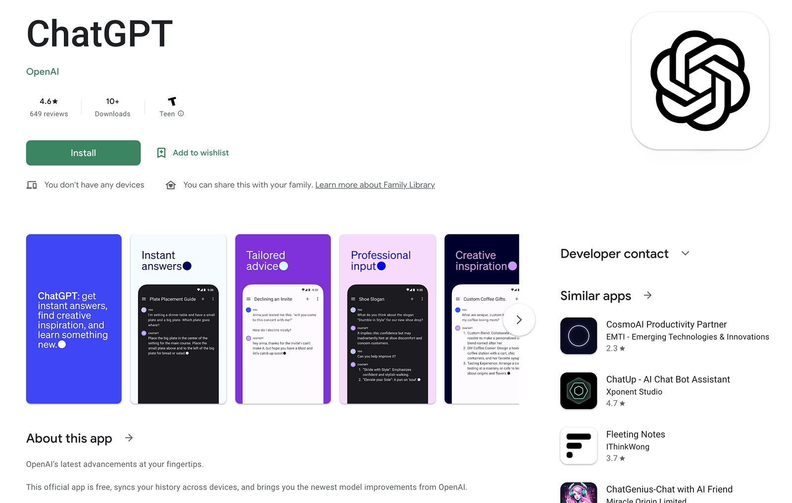 Aplicación Android ChatGPT disponible en Google Play Store
